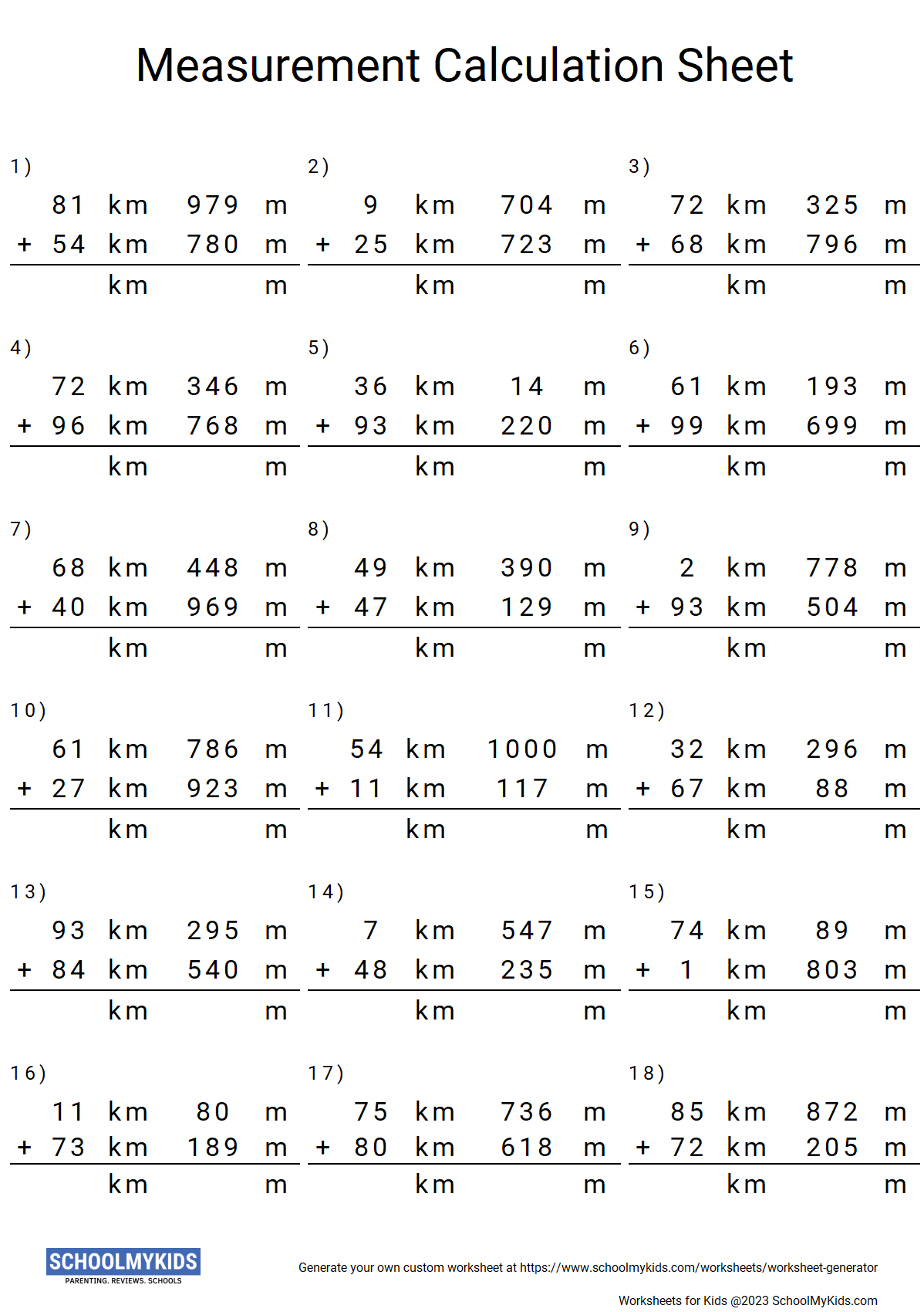 Measurement Addition Worksheet Generator - Undefined Worksheet Creater ...