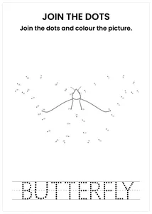 Butterfly connect the dots and color the image worksheet for Preschool ...