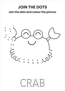 Crab connect the dots and color the image worksheet for Preschool ...