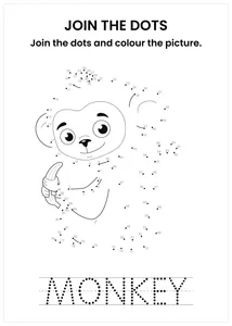 Monkey connect the dots and color the image worksheet for Preschool ...
